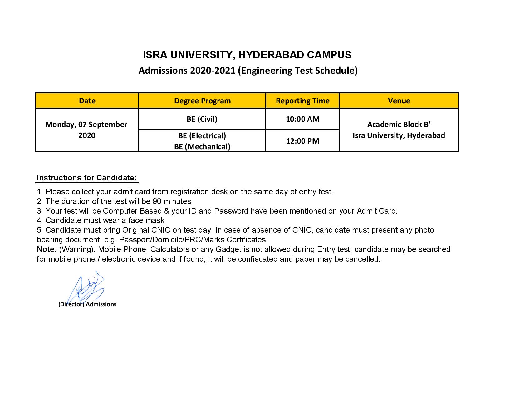 Admissions Test Schedule Engineering Programs 2020-2021 - | Official ...