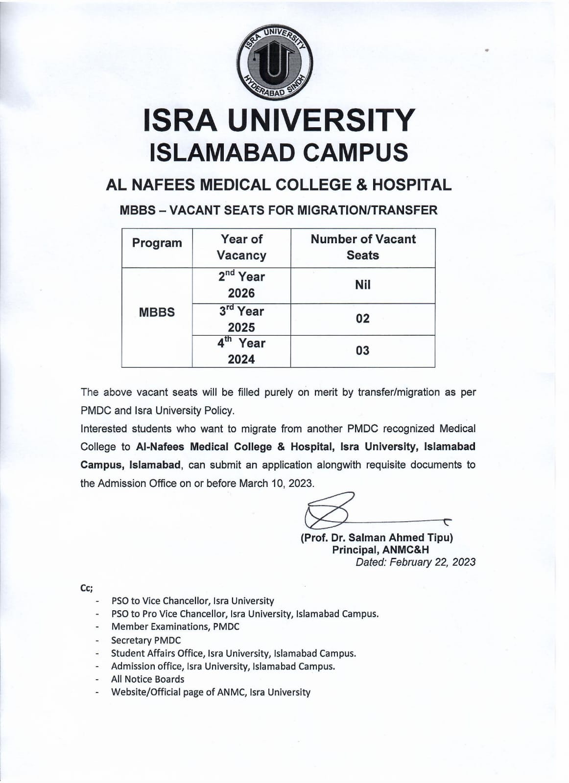 AL-NAFEES MEDICAL COLLEGE MBBS - VACANT SEATS FOR MIGRATION/TRANSFER ...