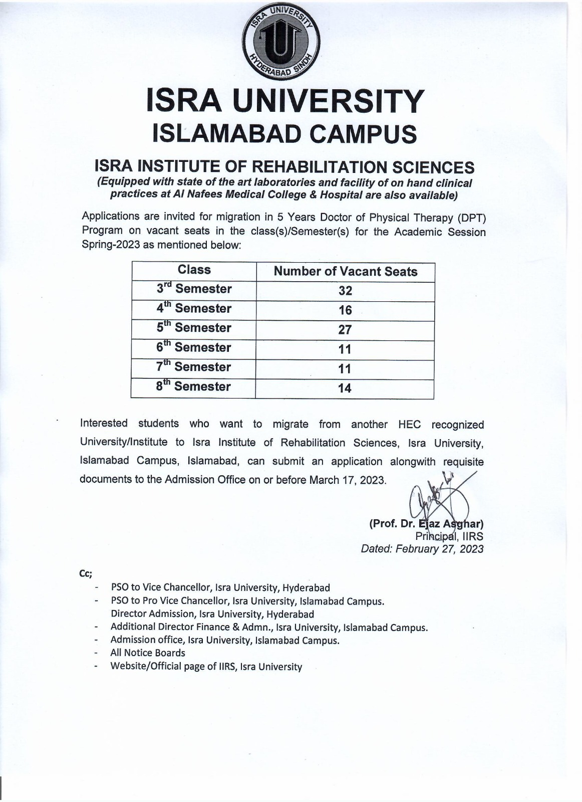 Isra University Islamabad Campus IIRS - Vacant seats for migration 2023 ...